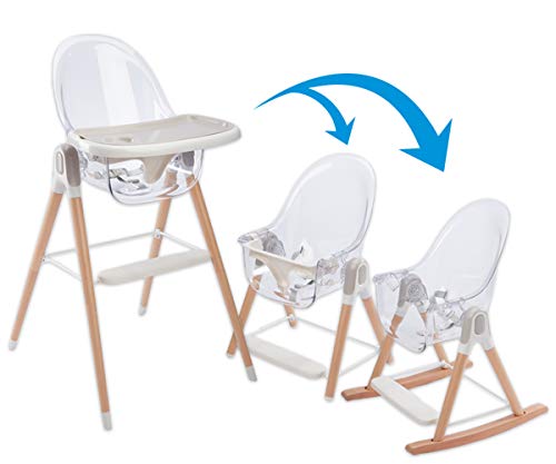 Primo Vista 3-in-1 Convertible High, Toddler, & Rocking Chair, Clear, Transparent Seat, Grows with Child, Modern Style, Adjustable Wooden Legs, Easy to Use, Assemble, Safe & Sturdy, 21.5 x 25 x 40.5"