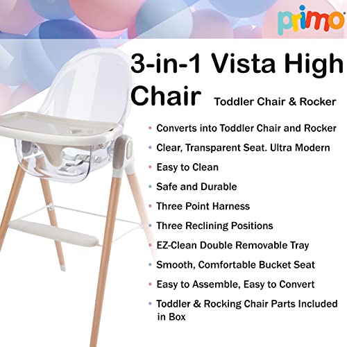 Primo Vista 3-in-1 Convertible High, Toddler, & Rocking Chair, Clear, Transparent Seat, Grows with Child, Modern Style, Adjustable Wooden Legs, Easy to Use, Assemble, Safe & Sturdy, 21.5 x 25 x 40.5"