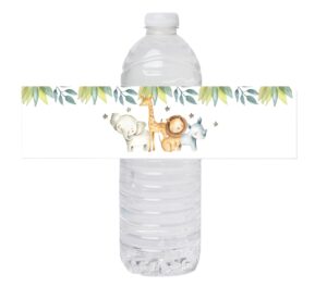 24 safari jungle water bottle labels - (self-stick, waterproof 8x2) baby shower birthday party girl or boy unisex wild stickers labels giraffe lion elephant rhinoceros greenery