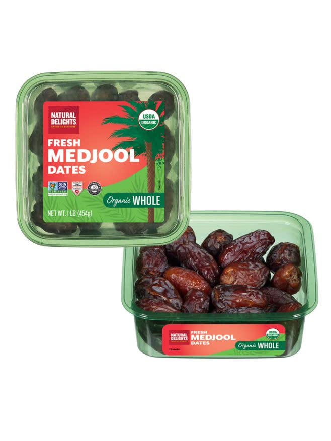 Natural Delights Organic Medjool Dates – Large & Plump USDA Certified , Non-GMO Verified, Good Source of Fiber, Naturally Sweet Fruit Snack, Perfect for On-the-Go - Whole Medjool Dates Organic, 1 lb oz Container