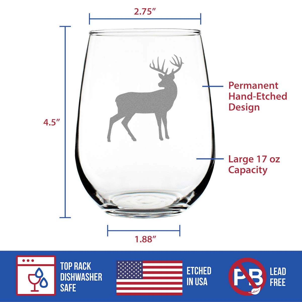 Deer Stemless Wine Glass - Cabin Themed Gifts or Rustic Decor for Women and Men - Engraved Silhouette - Large