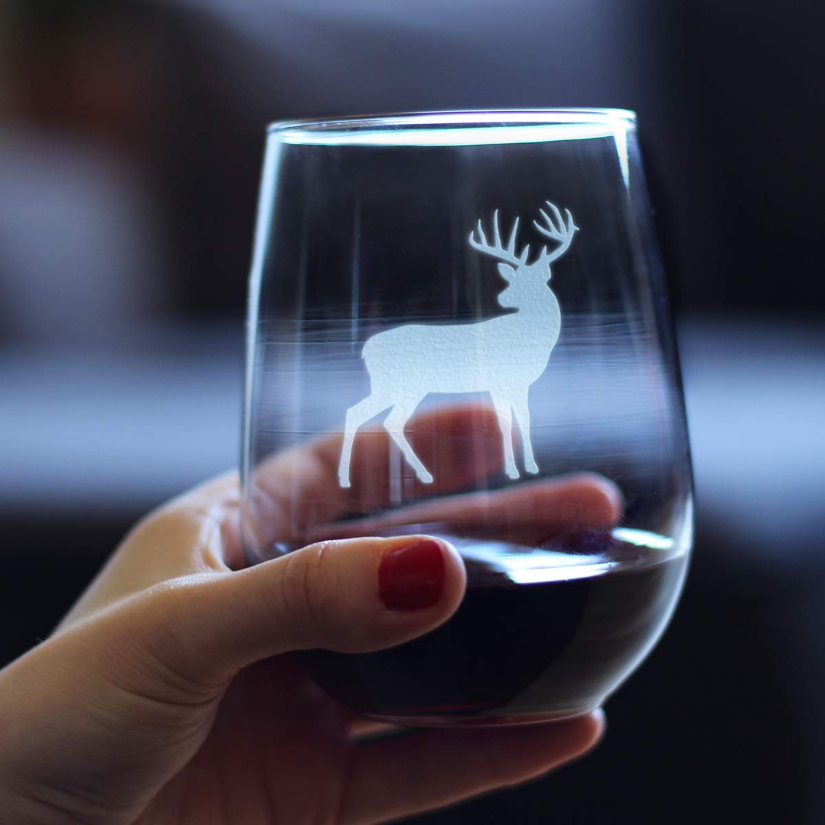 Deer Stemless Wine Glass - Cabin Themed Gifts or Rustic Decor for Women and Men - Engraved Silhouette - Large