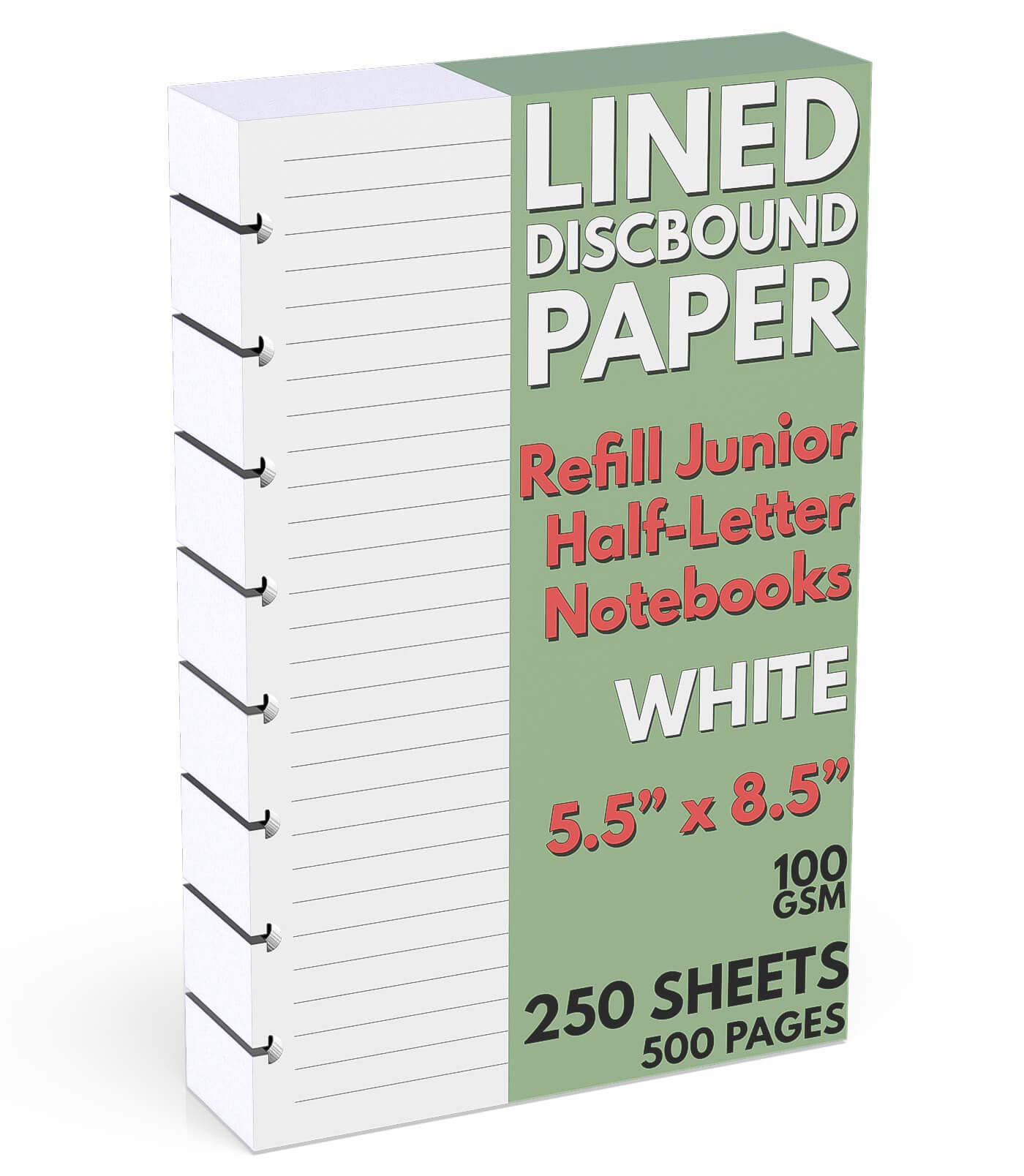 Discbound Half-Letter Size Lined Paper Refill, 250 Sheets (500 Pages), 5.5 in. x 8.5 in., 100 GSM, Junior Size 8 Disc Notebooks