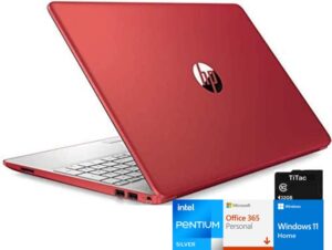 hp pavilion 15.6" hd laptop computer, intel pentium processor, 8gb ram, 128gb ssd, webcam, usb-c, hdmi, ethernet rj-45, wifi, includes 1-year microsoft 365, windows 11 s, scarlet red, titac card