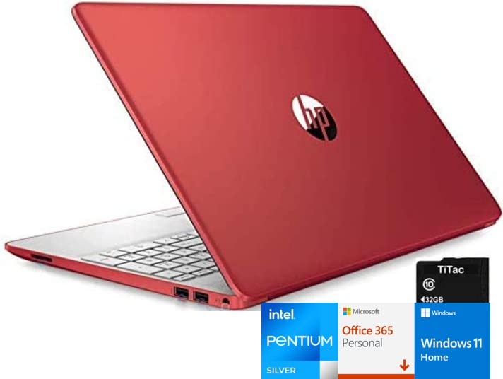 HP Pavilion 15.6" HD Laptop Computer, Intel Pentium Processor, 8GB RAM, 128GB SSD, Webcam, USB-C, HDMI, Ethernet RJ-45, WiFi, Includes 1-Year Microsoft 365, Windows 11 S, Scarlet Red, TiTac Card