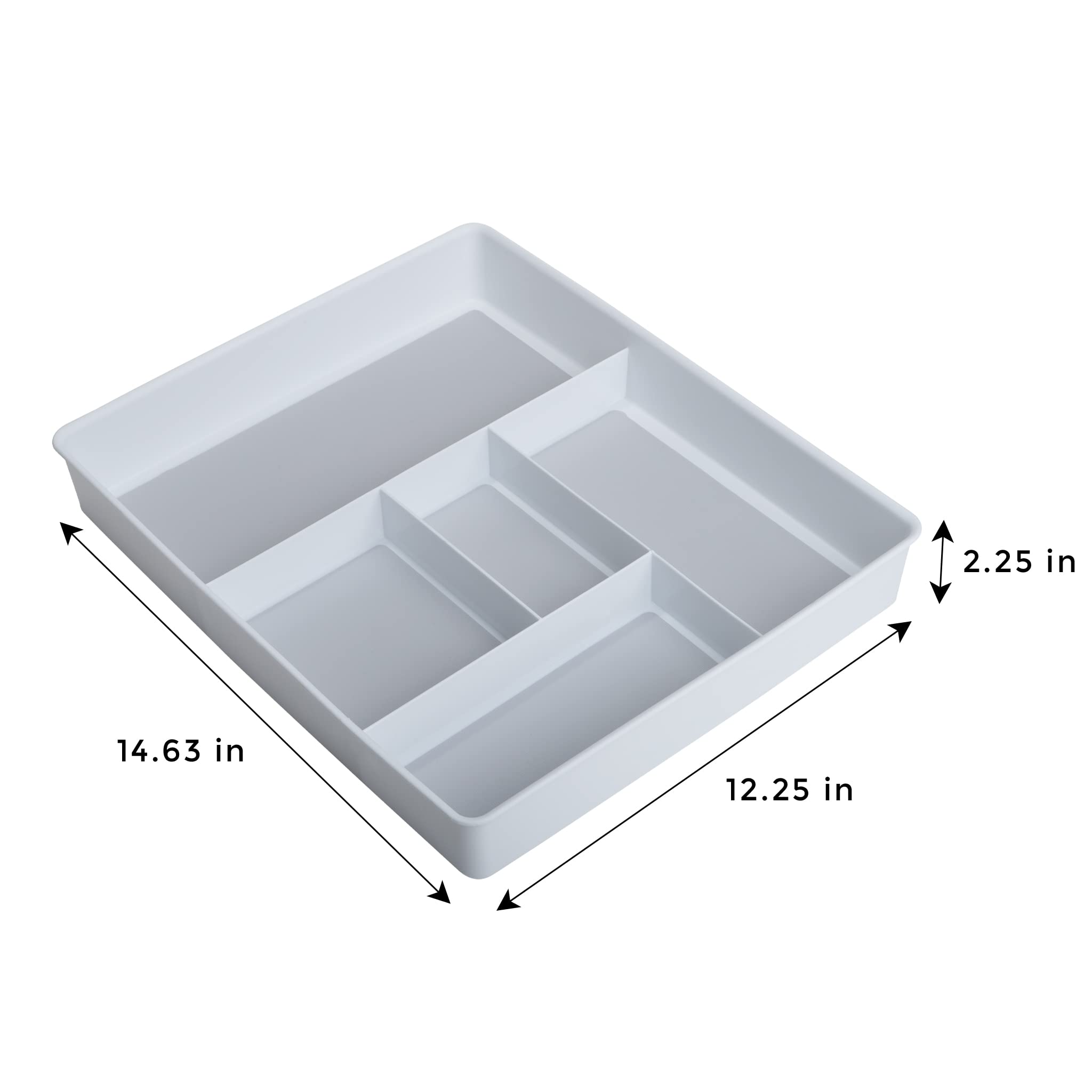 Smart Design 5-Compartment Plastic Drawer Organizer - Set of 2 - Non-Slip Lining and Feet - BPA Free - Utensils, Flatware, Office, Personal Care, or Makeup Storage - White with Gray