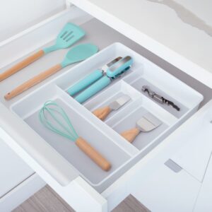 Smart Design 5-Compartment Plastic Drawer Organizer - Set of 2 - Non-Slip Lining and Feet - BPA Free - Utensils, Flatware, Office, Personal Care, or Makeup Storage - White with Gray