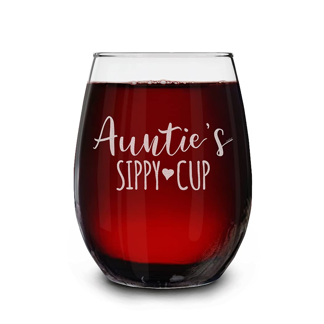 shop4ever® Auntie's Sippy Cup Engraved Stemless Wine Glass Promoted to Aunt New Auntie Wine Drinking Glass Gifts