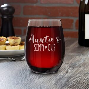 shop4ever® Auntie's Sippy Cup Engraved Stemless Wine Glass Promoted to Aunt New Auntie Wine Drinking Glass Gifts