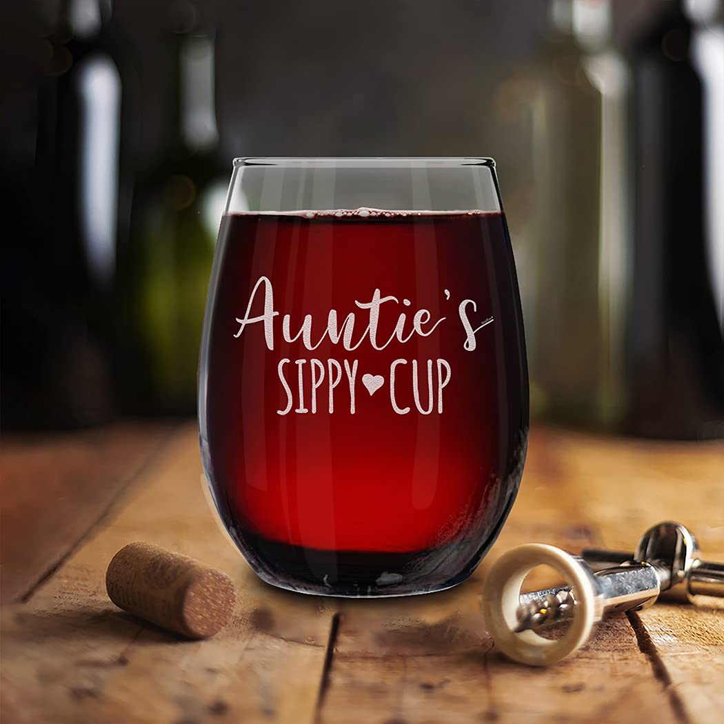 shop4ever® Auntie's Sippy Cup Engraved Stemless Wine Glass Promoted to Aunt New Auntie Wine Drinking Glass Gifts