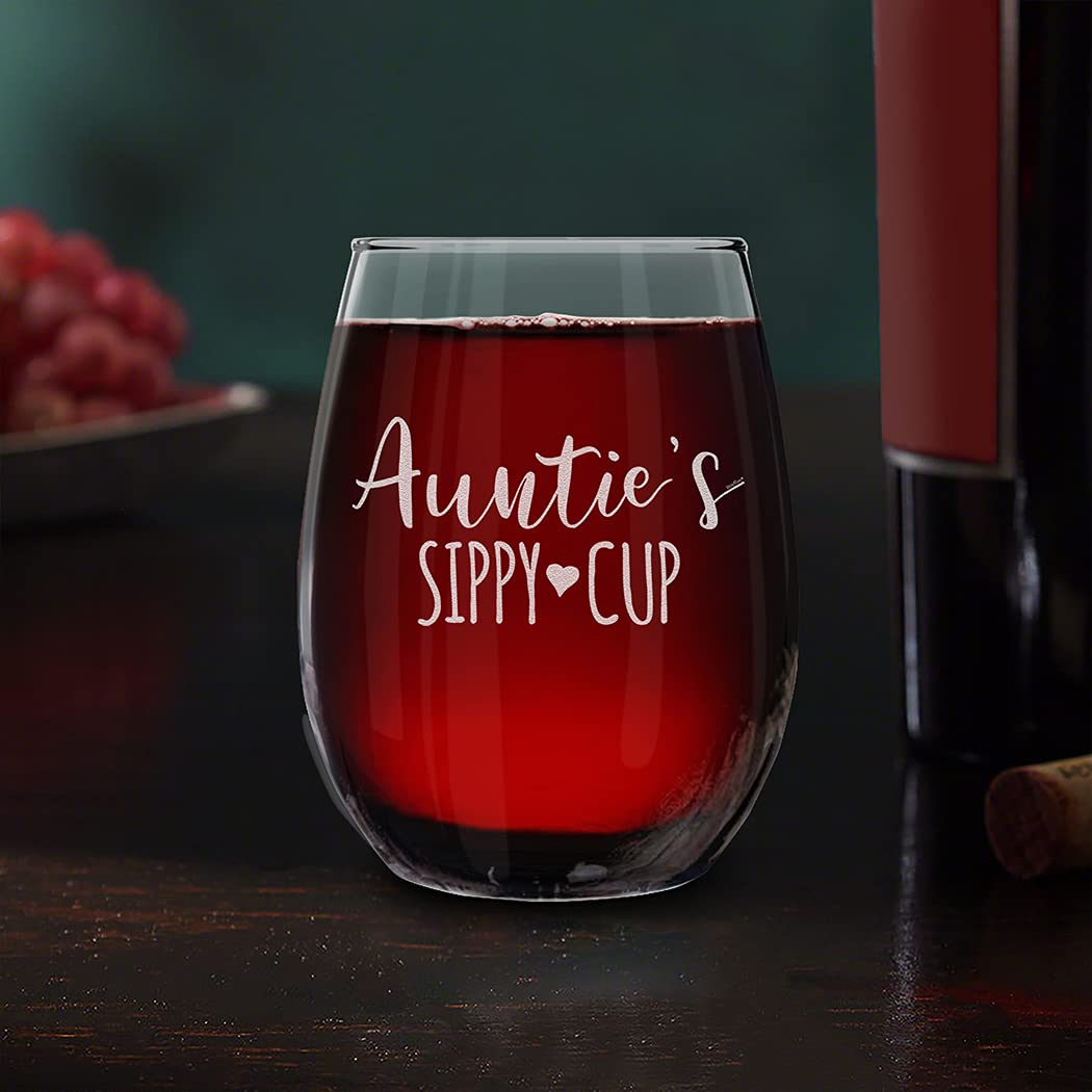 shop4ever® Auntie's Sippy Cup Engraved Stemless Wine Glass Promoted to Aunt New Auntie Wine Drinking Glass Gifts