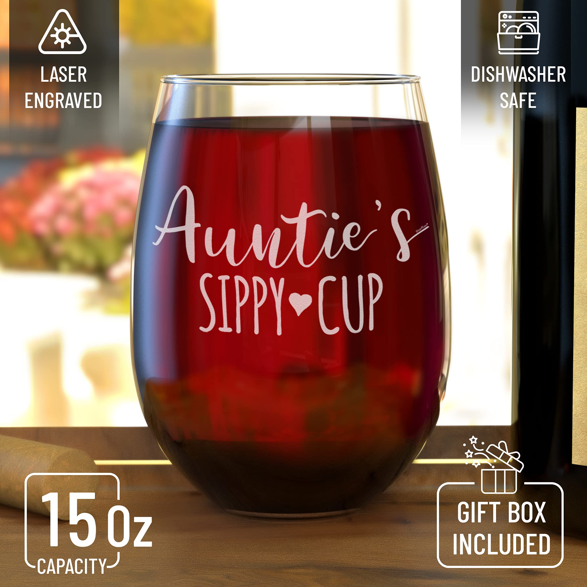 shop4ever® Auntie's Sippy Cup Engraved Stemless Wine Glass Promoted to Aunt New Auntie Wine Drinking Glass Gifts