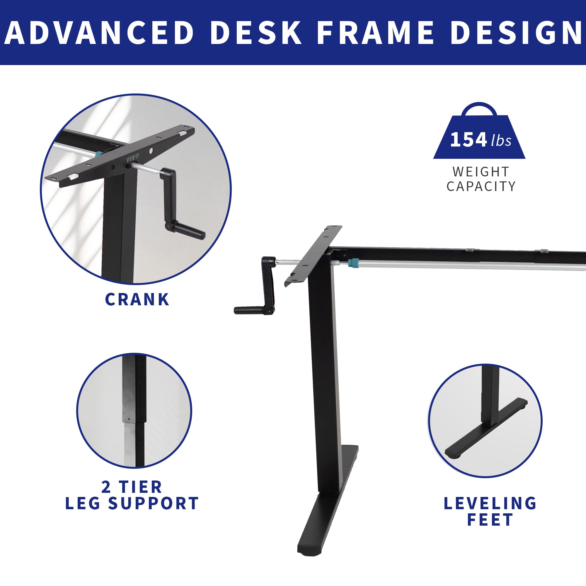 VIVO Compact Hand Crank Stand Up Desk Frame for 33 to 52 inch Table Tops, Ergonomic Standing Height Adjustable Base with Crank Handle, Black, DESK-M051CB