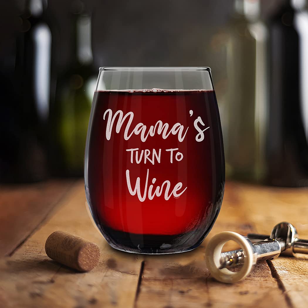 shop4ever Mama's Turn To Wine Engraved Stemless Wine Glass 15 oz. Funny Gift for Mom