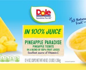 Dole Pineapple Paradise Pineapple Tidbits in a Blend of 100% Fruit Juices Snacks, 4oz 12 Total Cups, Gluten & Dairy Free, Bulk Lunch Snacks for Kids & Adults