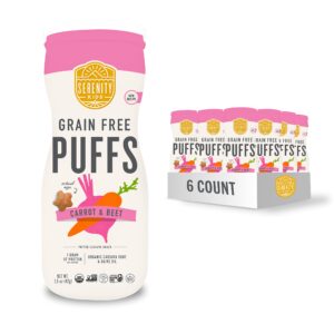 serenity kids 6+ months grain free puffs toddler & baby snack | no added sugar, gluten & rice free, allergen free | made with organic cassava, veggies, and herbs | carrot & beet | 6 count