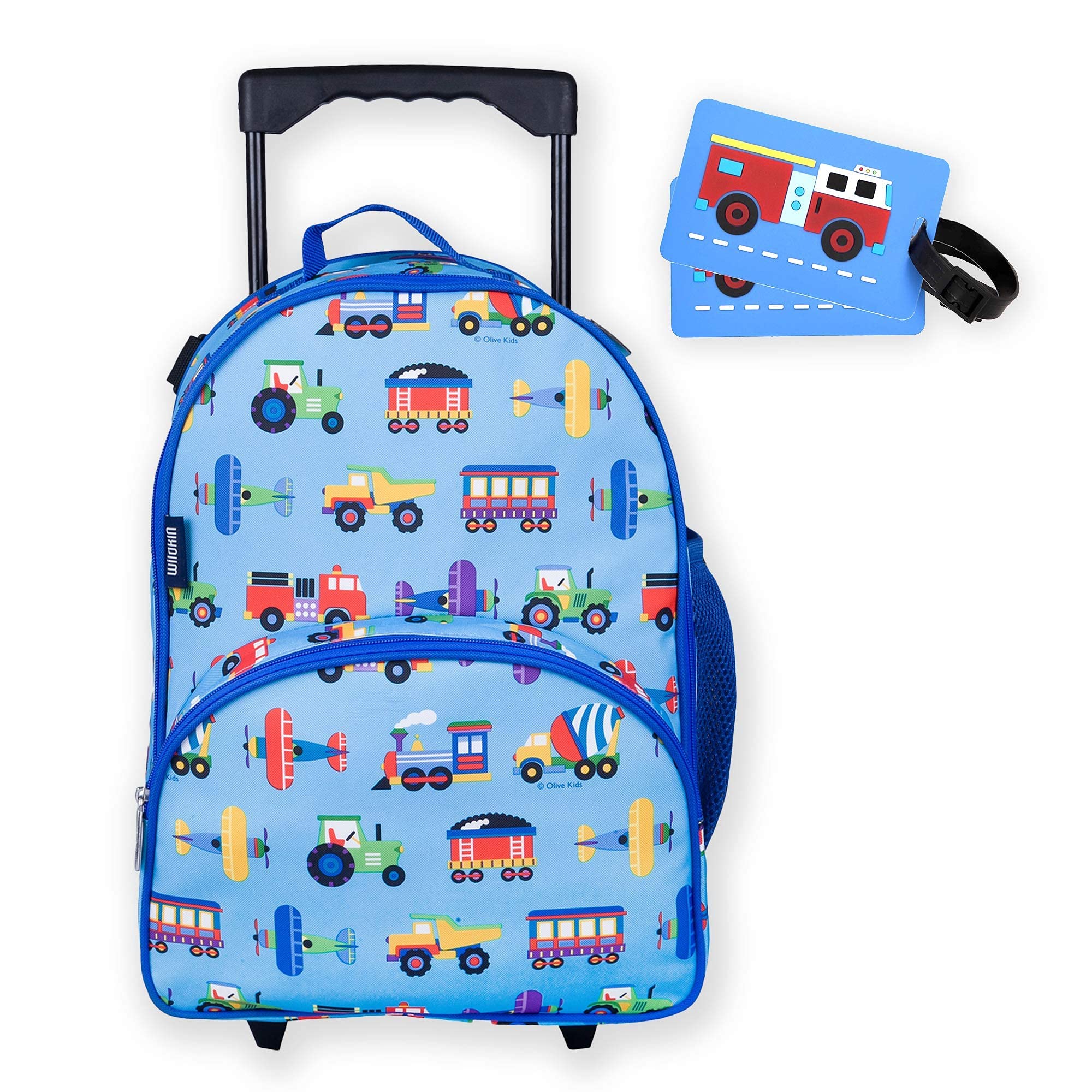 Wildkin Kids Rolling Luggage Bundle with 2 Matching Bag Tags (Fire Truck)