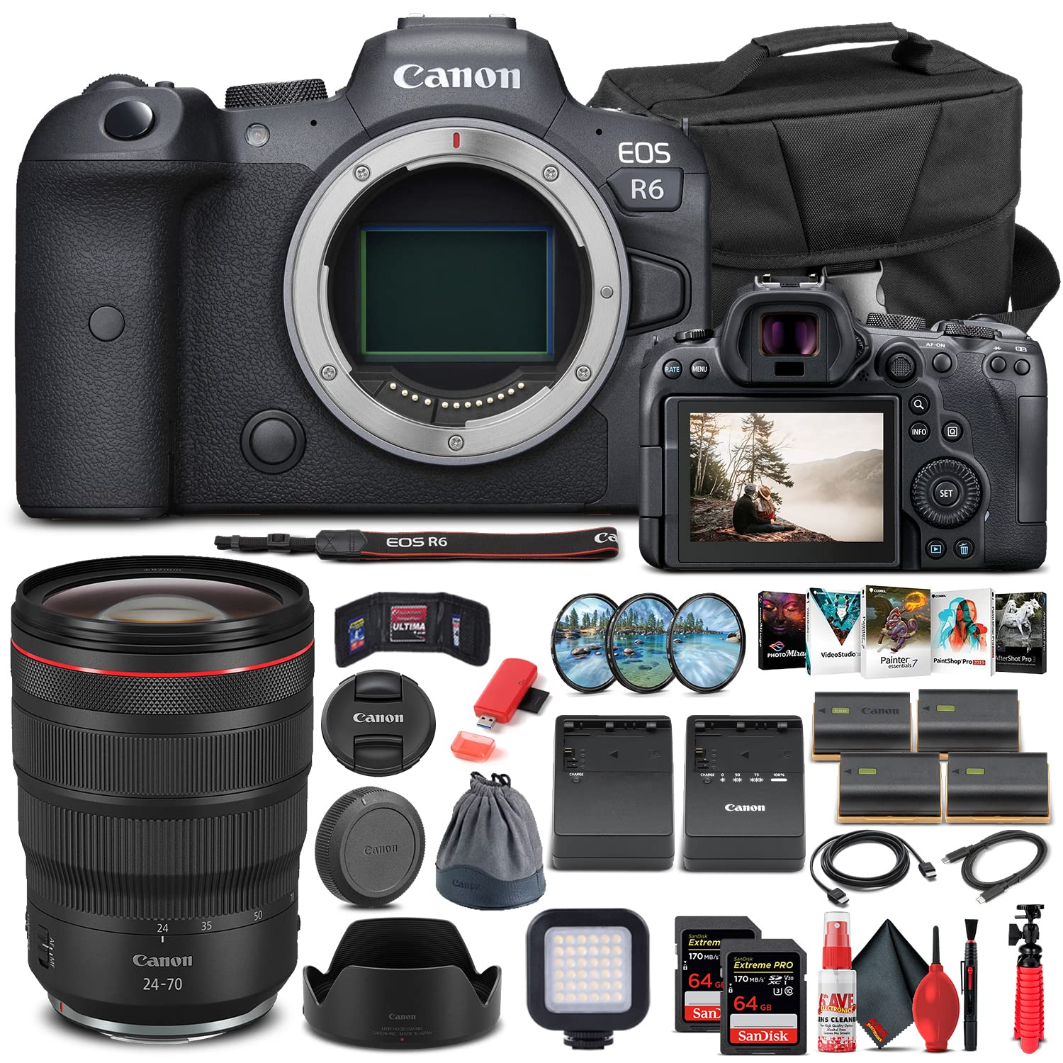 Canon EOS R6 Mirrorless Digital Camera (Body Only) 4082C002 + Canon RF 24-70mm Lens + 2 x 64GB Memory Card + Case + Corel Software + 3 x LPE6 Battery + External Charger + Card Reader + More (Renewed)