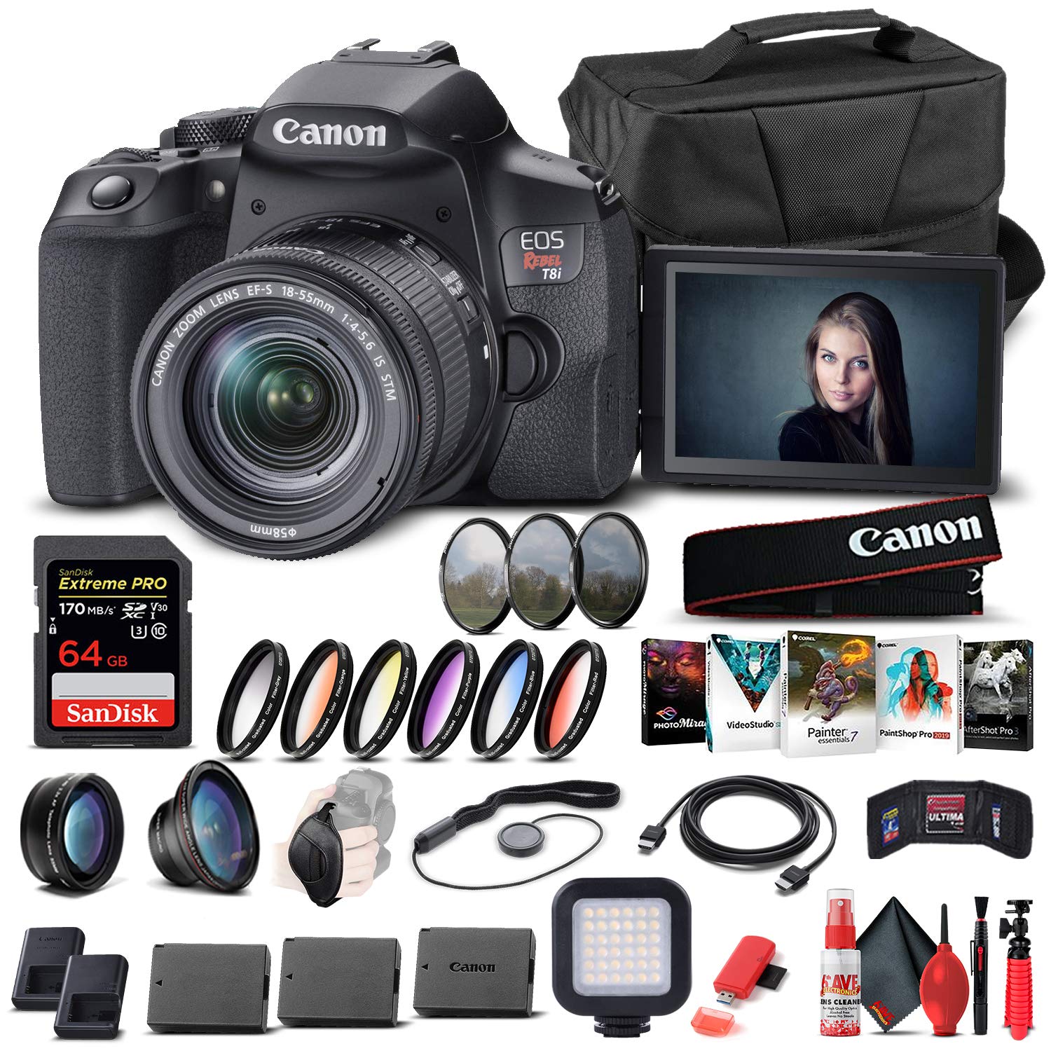 Canon EOS Rebel T8i DSLR Camera with 18-55mm Lens 3924C002 + 64GB Memory Card + Case + Photo Software + 2 x LPE17 Battery + External Charger + Card Reader + LED Light + Filter Kit + More (Renewed)