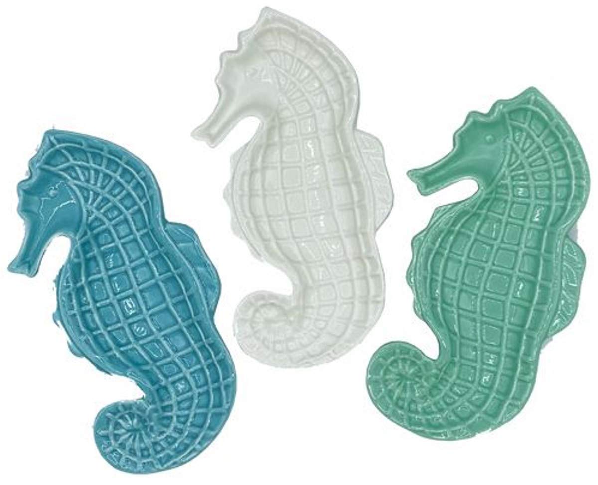 Barry Owens BV1109 3 Assorted Ceramic Seahorse Decorative Tray Dish 8.75 Inches X 4.25 Inches Blue, Seafoam Green and White