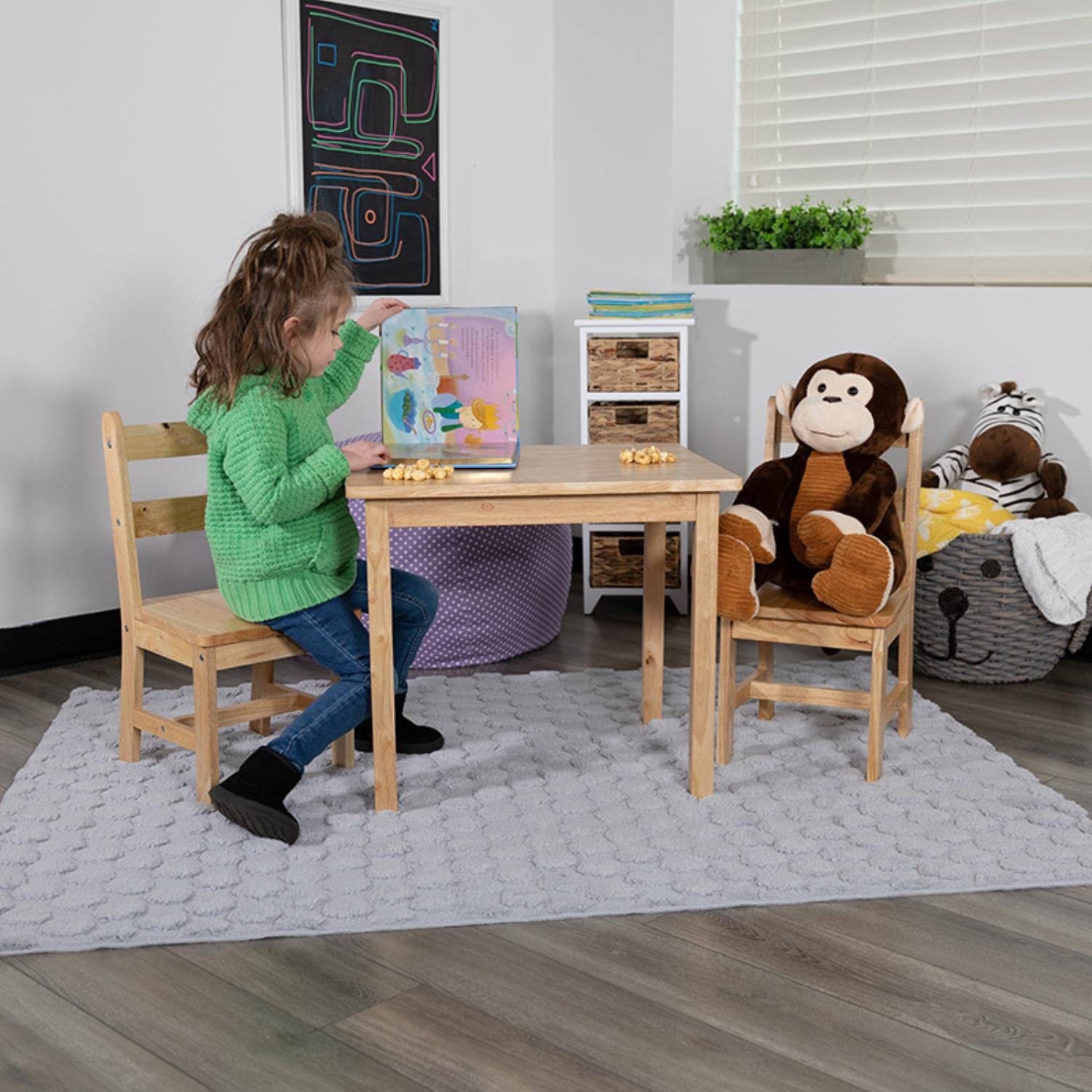 Flash Furniture Kyndl Kids Solid Hardwood Table and Chair Set for Playroom, Bedroom, Kitchen - 3 Piece Set - Natural