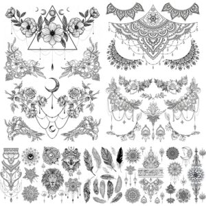 glaryyears 8 sheets mandara chests tattoos for women, black flower leaf lion wolf dreamcatcher designs underboob temporary tattoo stickers on chest waist waterproof body art large size