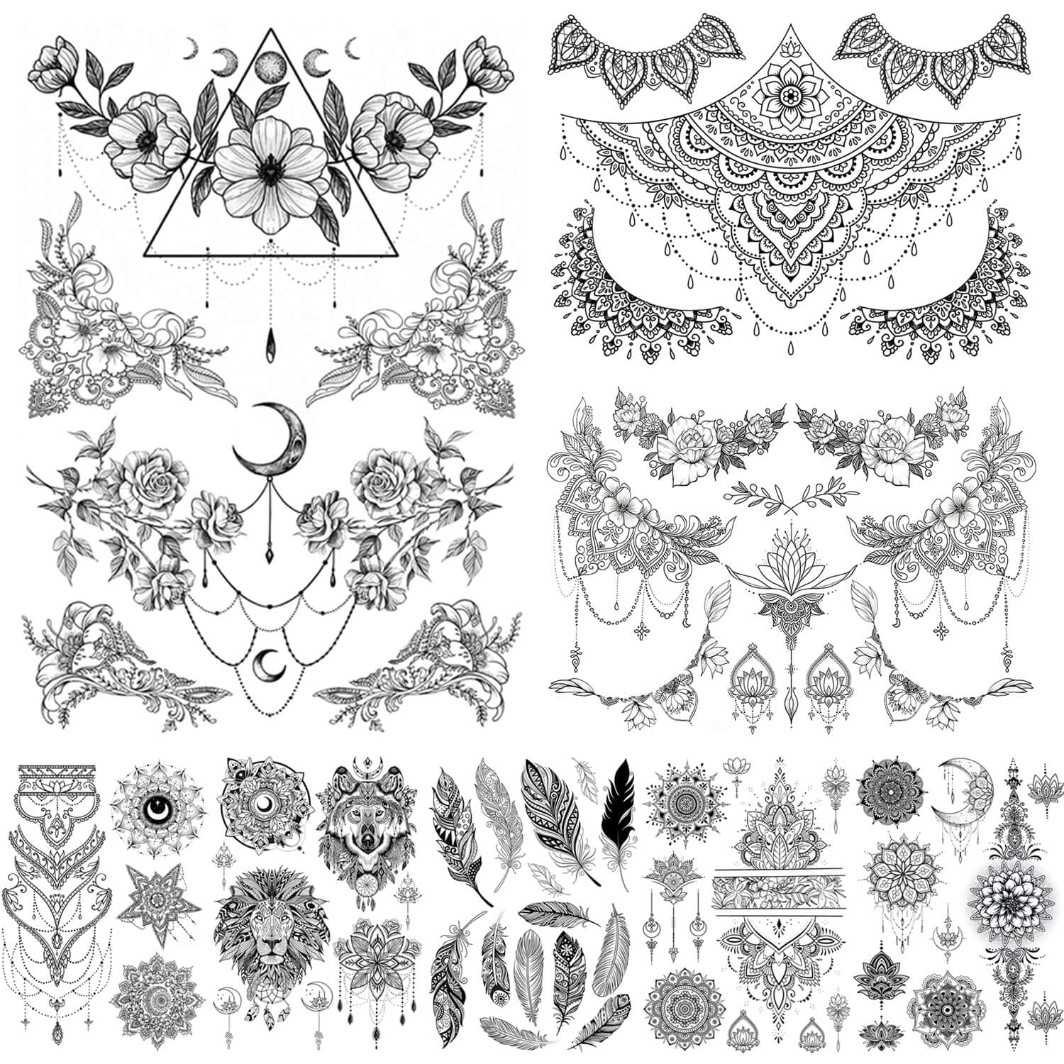 glaryyears 8 Sheets Mandara Chests Tattoos for Women, Black Flower Leaf Lion Wolf Dreamcatcher Designs Underboob Temporary Tattoo Stickers on Chest Waist Waterproof Body Art Large Size