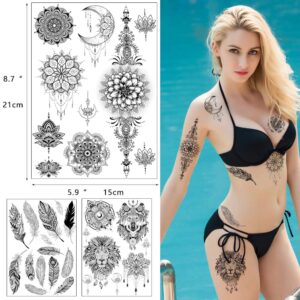 glaryyears 8 Sheets Mandara Chests Tattoos for Women, Black Flower Leaf Lion Wolf Dreamcatcher Designs Underboob Temporary Tattoo Stickers on Chest Waist Waterproof Body Art Large Size