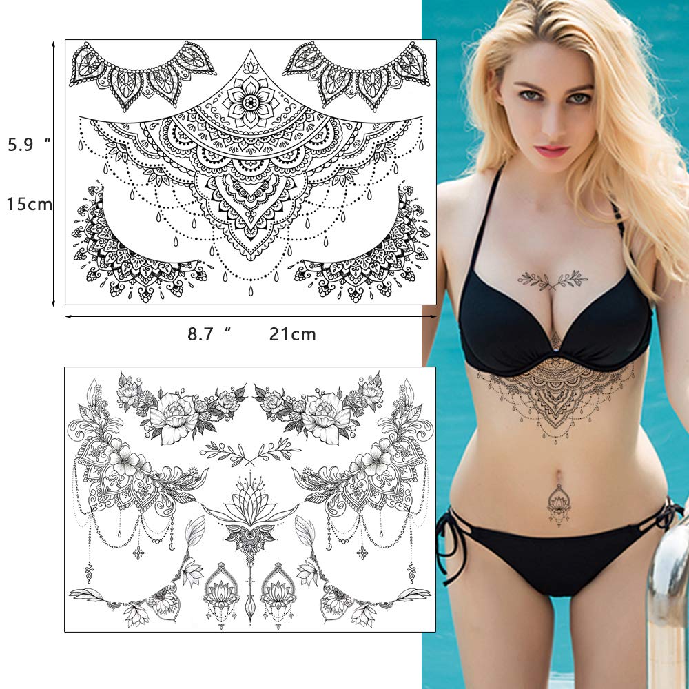 glaryyears 8 Sheets Mandara Chests Tattoos for Women, Black Flower Leaf Lion Wolf Dreamcatcher Designs Underboob Temporary Tattoo Stickers on Chest Waist Waterproof Body Art Large Size