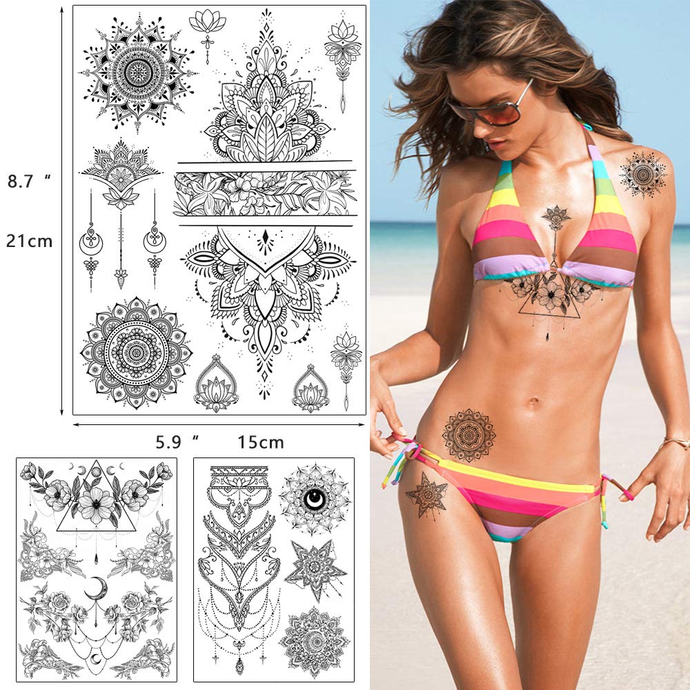 glaryyears 8 Sheets Mandara Chests Tattoos for Women, Black Flower Leaf Lion Wolf Dreamcatcher Designs Underboob Temporary Tattoo Stickers on Chest Waist Waterproof Body Art Large Size