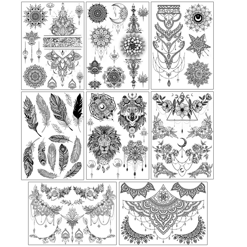 glaryyears 8 Sheets Mandara Chests Tattoos for Women, Black Flower Leaf Lion Wolf Dreamcatcher Designs Underboob Temporary Tattoo Stickers on Chest Waist Waterproof Body Art Large Size