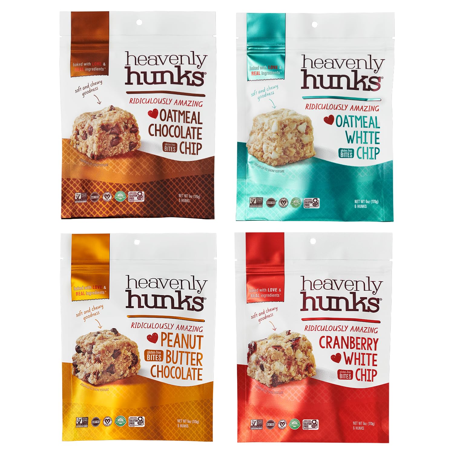 Heavenly Hunks Variety Gift Box - Oatmeal Chocolate Chip, Peanut Butter Chocolate, Cranberry White Chip & Oatmeal White Chip Cookies 4-Pack