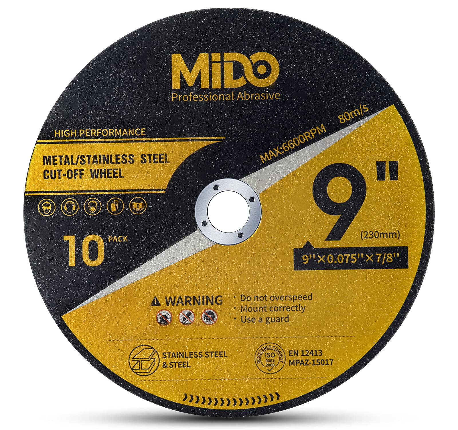 MIDO Professional Abrasive 10 Pack Cut Off Wheels 9 Inch Cutting Wheel 9” x .075” x 7/8” Metal&Stainless Steel Cutting Disc Fit for Angle Grinder