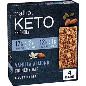 :ratio keto friendly crunchy bars, vanilla almond, gluten free snack, 4 ct