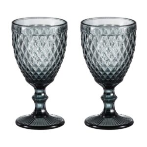 huhuxiaowu wine glass, colored glass goblet, 6oz/10oz vintage pattern embossed high clear glass goblets for party, wedding (diamond/gray/set of 2, 10oz)