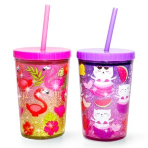 home tune 14oz kids tumbler water drinking cup 2 pack - bpa free, straw lid cup, reusable, lightweight, spill-proof water bottle with cute design for girls & boys - flamingo & kitty mermaid