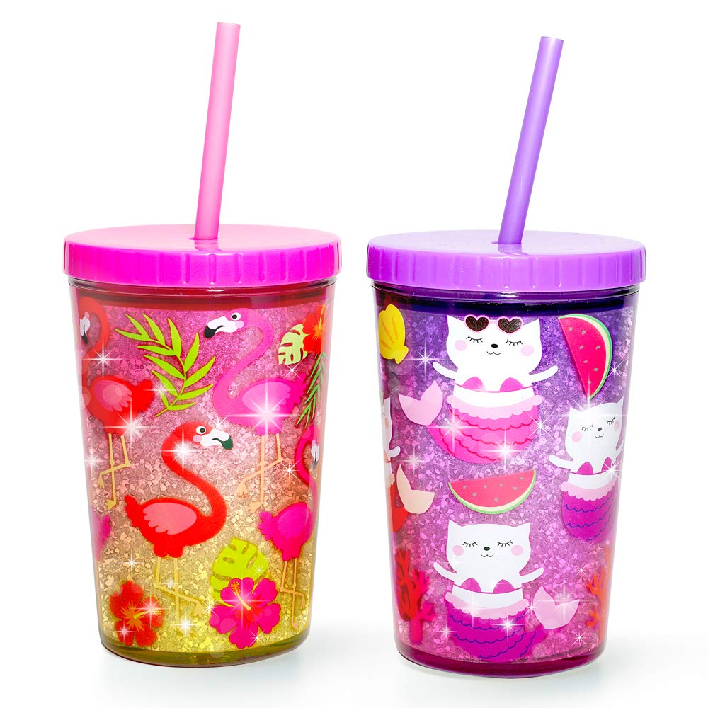 Home Tune 14oz Kids Tumbler Water Drinking Cup 2 Pack - BPA Free, Straw Lid Cup, Reusable, Lightweight, Spill-Proof Water Bottle with Cute Design for Girls & Boys - Flamingo & Kitty Mermaid