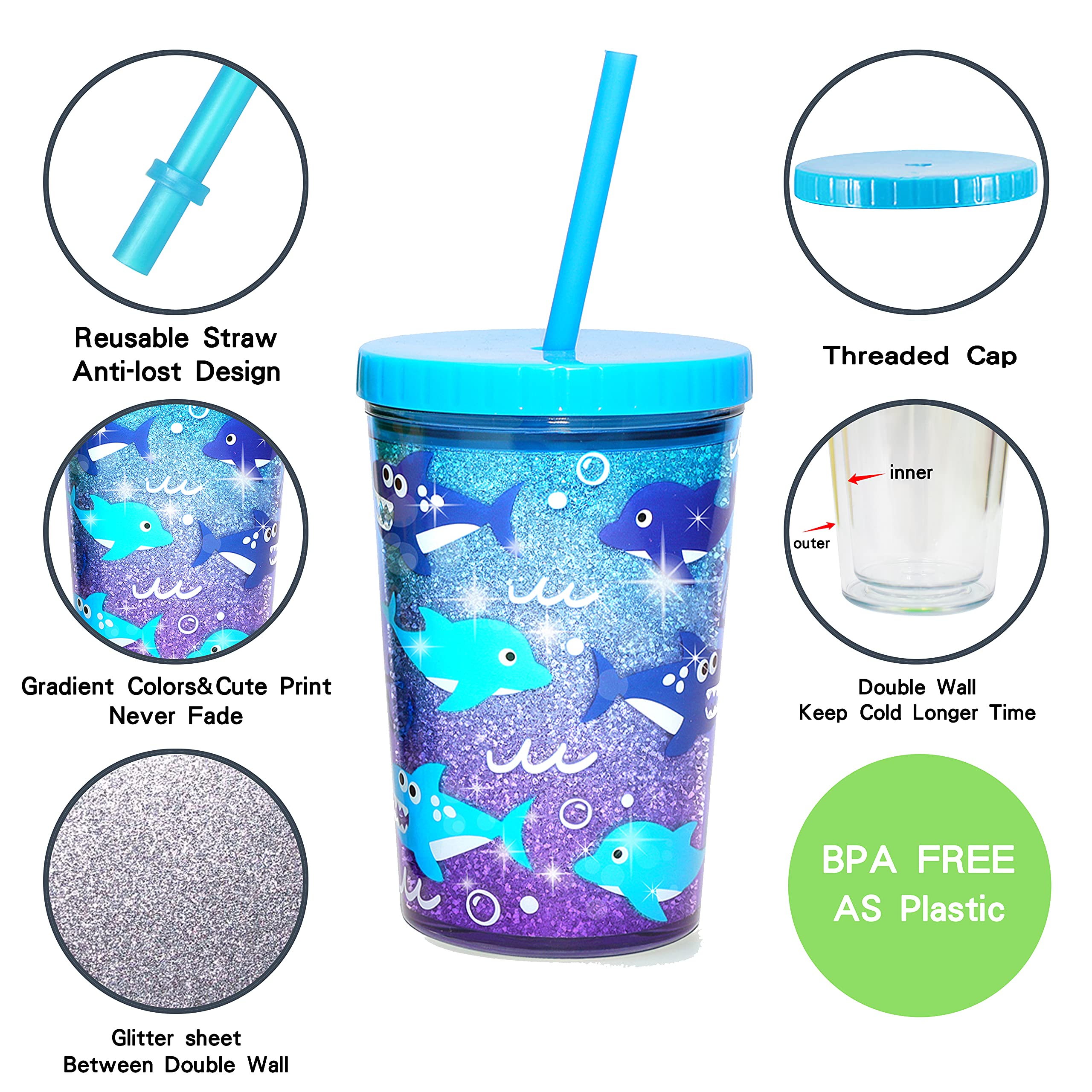 Home Tune 14oz Kids Tumbler Water Drinking Cup 2 Pack - BPA Free, Straw Lid Cup, Reusable, Lightweight, Spill-Proof Water Bottle with Cute Design for Girls & Boys - Flamingo & Kitty Mermaid