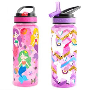 home tune 23oz kids water drinking bottle 2 pack - bpa free, flip straw lid cap, lightweight, carry handle, leak-proof water bottle with cute design for girls & boys - mermaid & llama