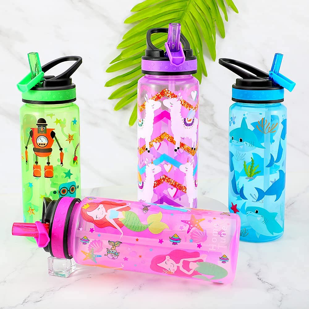 Home Tune 23oz Kids Water Drinking Bottle 2 Pack - BPA Free, Flip Straw Lid Cap, Lightweight, Carry Handle, Leak-Proof Water Bottle with Cute Design For Girls & Boys - Mermaid & Llama