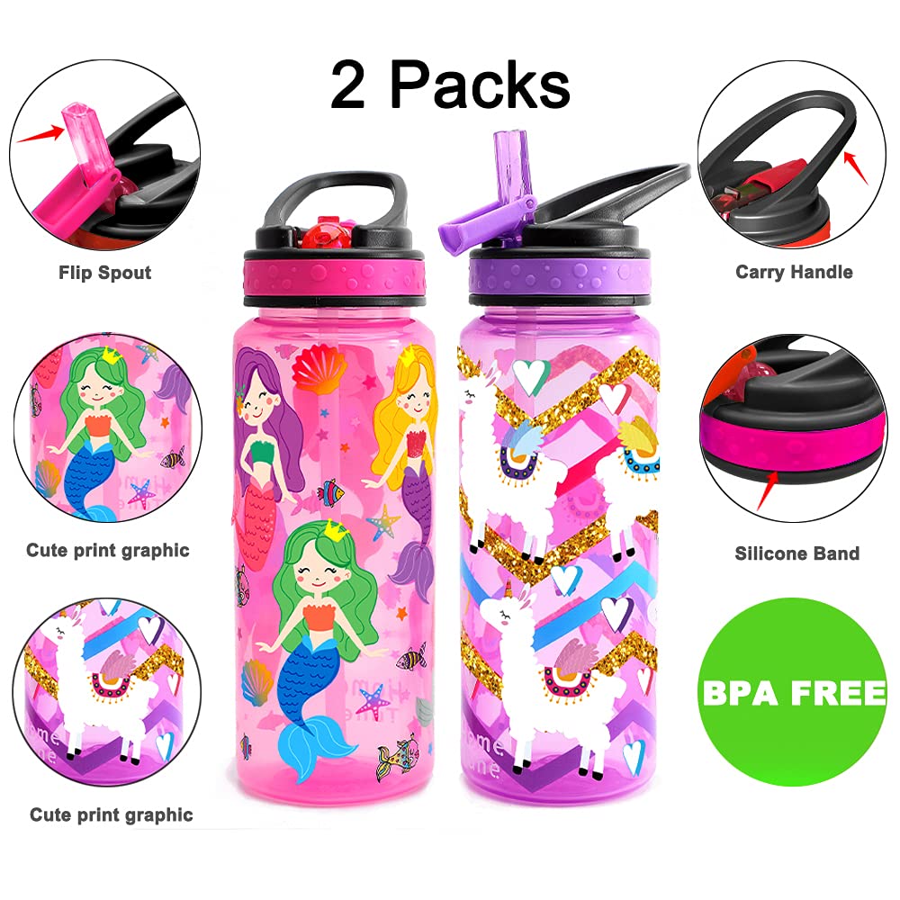 Home Tune 23oz Kids Water Drinking Bottle 2 Pack - BPA Free, Flip Straw Lid Cap, Lightweight, Carry Handle, Leak-Proof Water Bottle with Cute Design For Girls & Boys - Mermaid & Llama