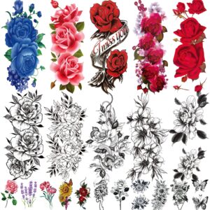 jeefonna 21 sheets flowers temporary tattoos for women, waterproof fake tattoos rose peony body art arm tattoo stickers for women, girls