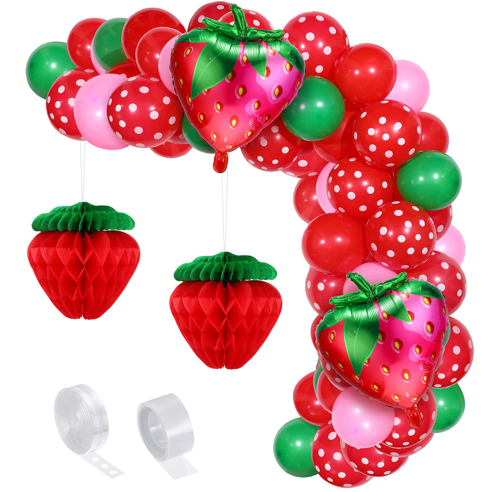 Strawberry Birthday Party Decorations Strawberry Party Balloons Arch Garland Decorations Paper Honeycomb Ball Baby Shower Foil Balloon Decoration Kit for Party (Red, Pink, Green)