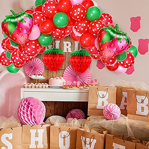 Strawberry Birthday Party Decorations Strawberry Party Balloons Arch Garland Decorations Paper Honeycomb Ball Baby Shower Foil Balloon Decoration Kit for Party (Red, Pink, Green)