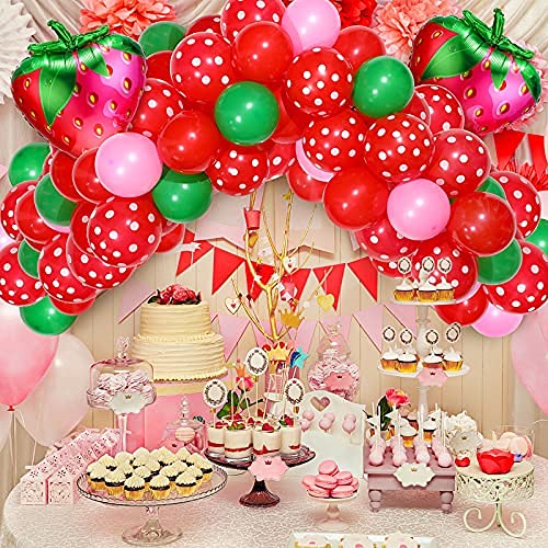 Strawberry Birthday Party Decorations Strawberry Party Balloons Arch Garland Decorations Paper Honeycomb Ball Baby Shower Foil Balloon Decoration Kit for Party (Red, Pink, Green)