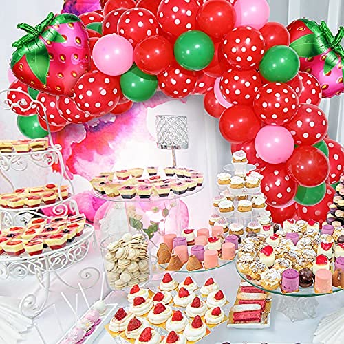 Strawberry Birthday Party Decorations Strawberry Party Balloons Arch Garland Decorations Paper Honeycomb Ball Baby Shower Foil Balloon Decoration Kit for Party (Red, Pink, Green)