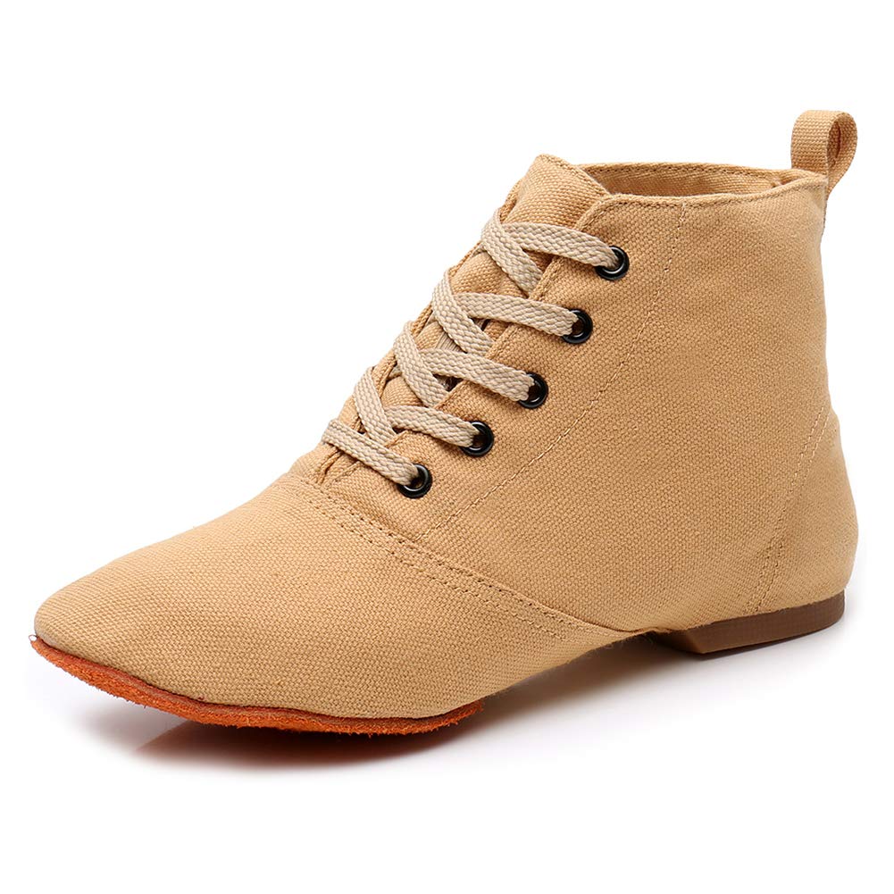 TINRYMX Canvas Lace Up Dance Shoes Split Sole Ballroom Jazz Modern Dance Boots for Women,Light tan,8.5 US