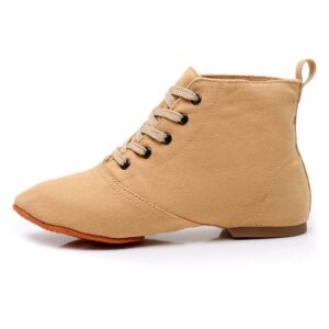 TINRYMX Canvas Lace Up Dance Shoes Split Sole Ballroom Jazz Modern Dance Boots for Women,Light tan,8.5 US