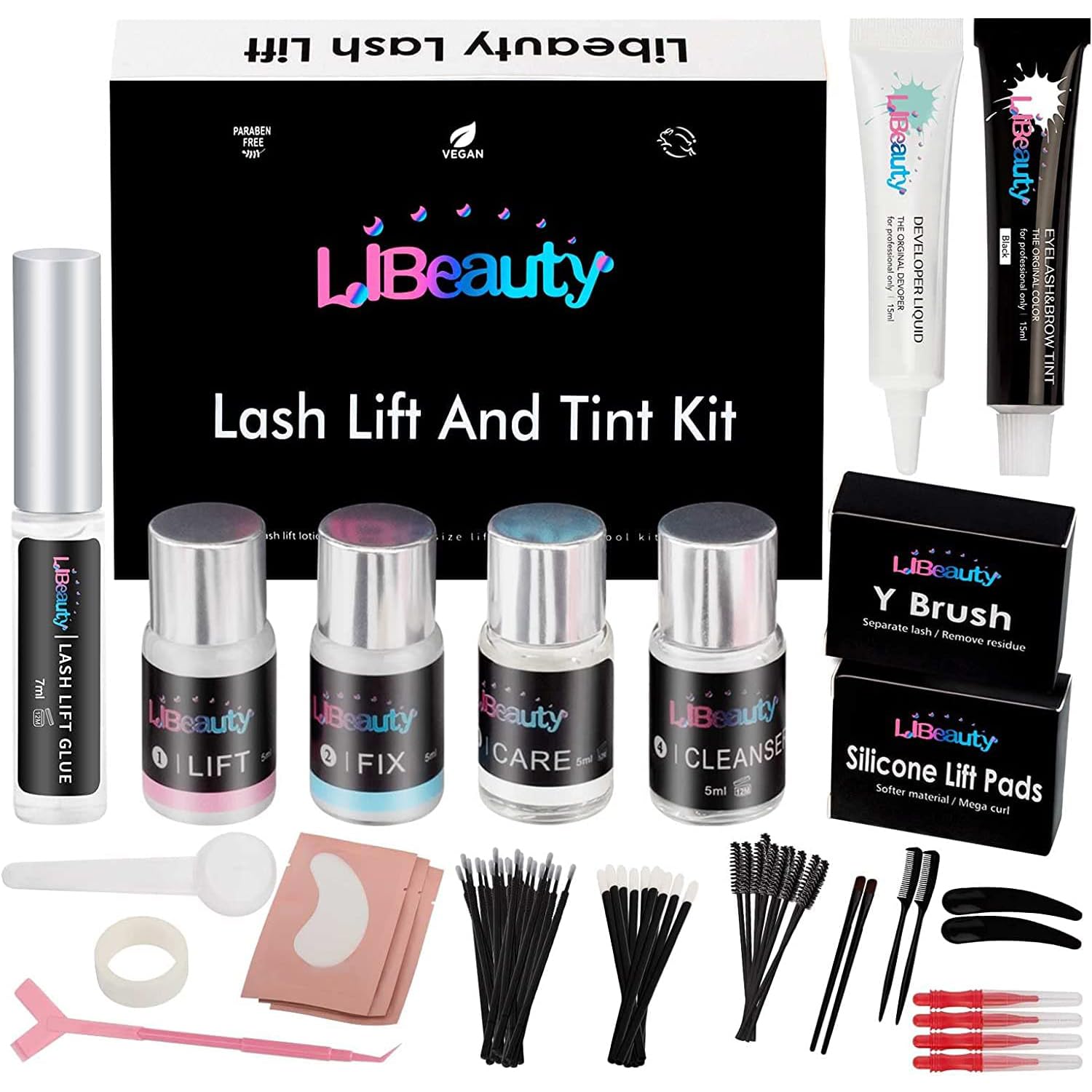 Libeauty Eyelash Lift and Color Kit Brow Lamination with Black Lash Perm Quick Lifting & Voluminous Coloring with Complete Tools DIY Use at Home & Salon Supplies