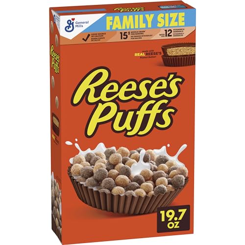 REESE’S PUFFS Chocolatey Peanut Butter Cereal, Kid Breakfast Cereal, Family Size, 19.7 oz